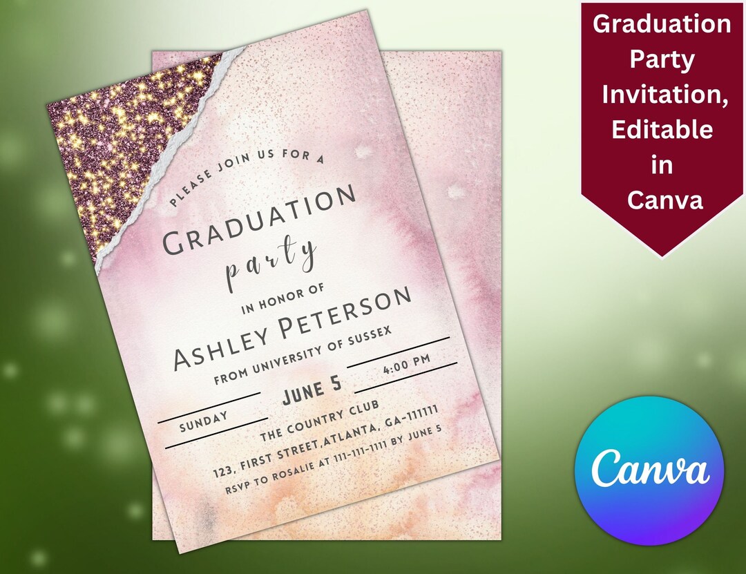 Rose Gold Graduation Invitation, Printable, Editable in Canva, 5x7in - Etsy