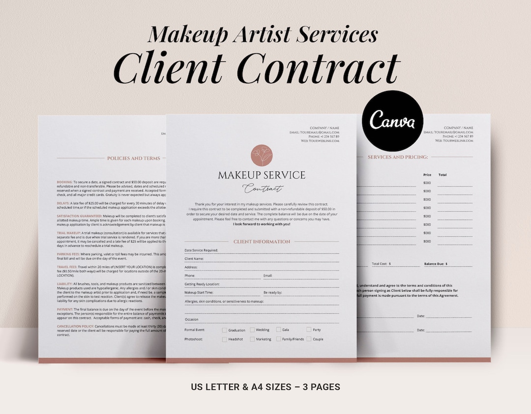 Makeup Artist Contract Template, Editable Client Makeup Pricelist, MUA ...