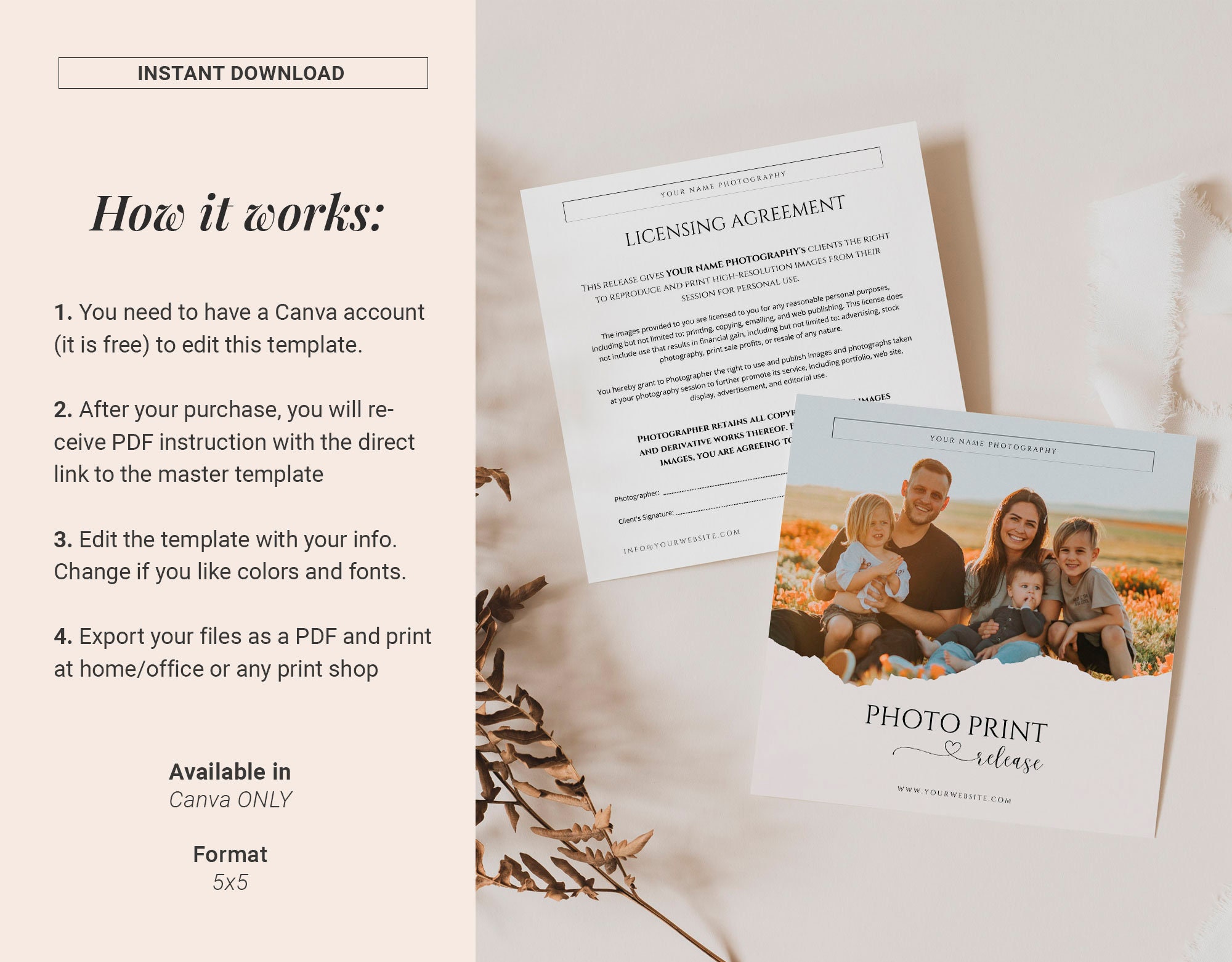 Print Release Template, Editable 5x5 Card, Photography Release Form ...