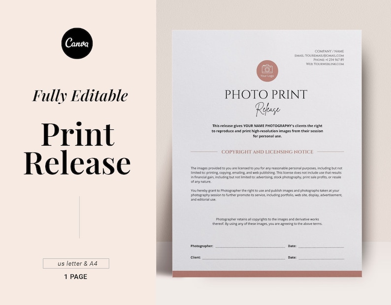 Photography Print Release Template, Print Release Form, Editable Canva Template, Photographer ...