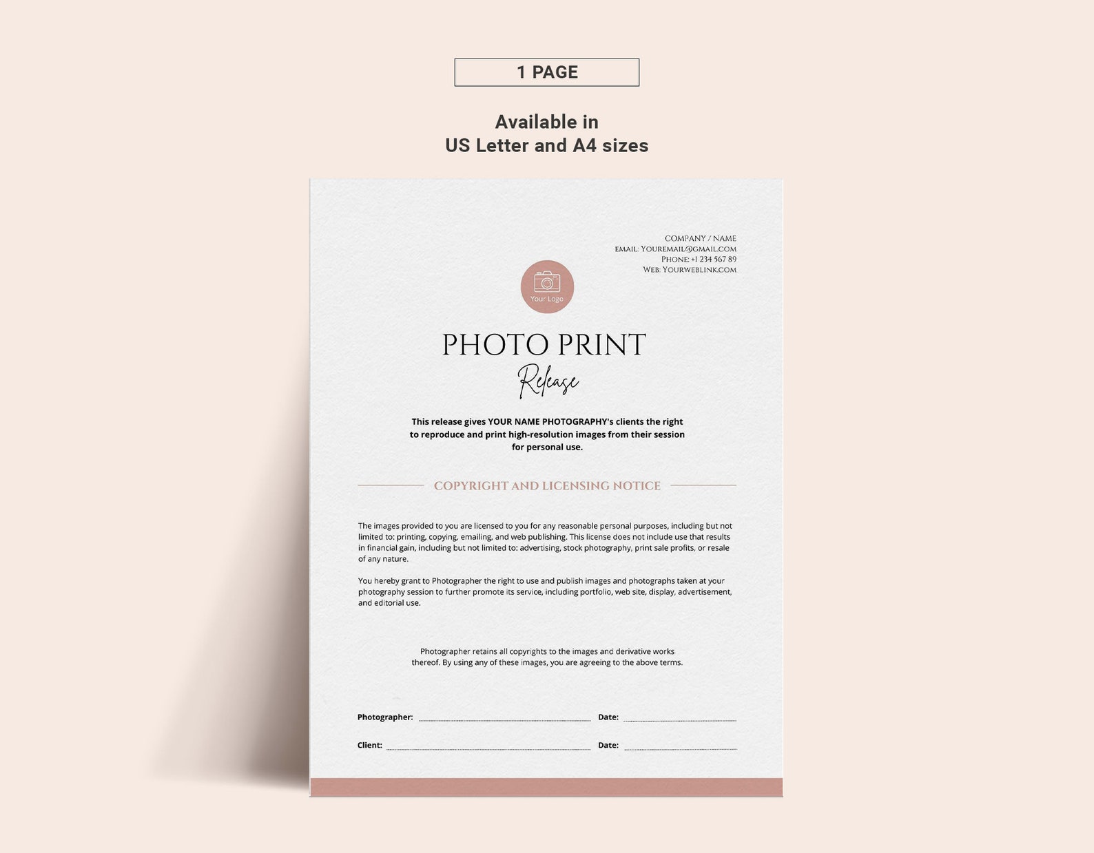 Editable Print Release Template, Photography Release Form, Canva ...