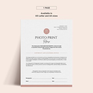 Editable Print Release Template, Photography Release Form, Canva Template, Photographer Business ...