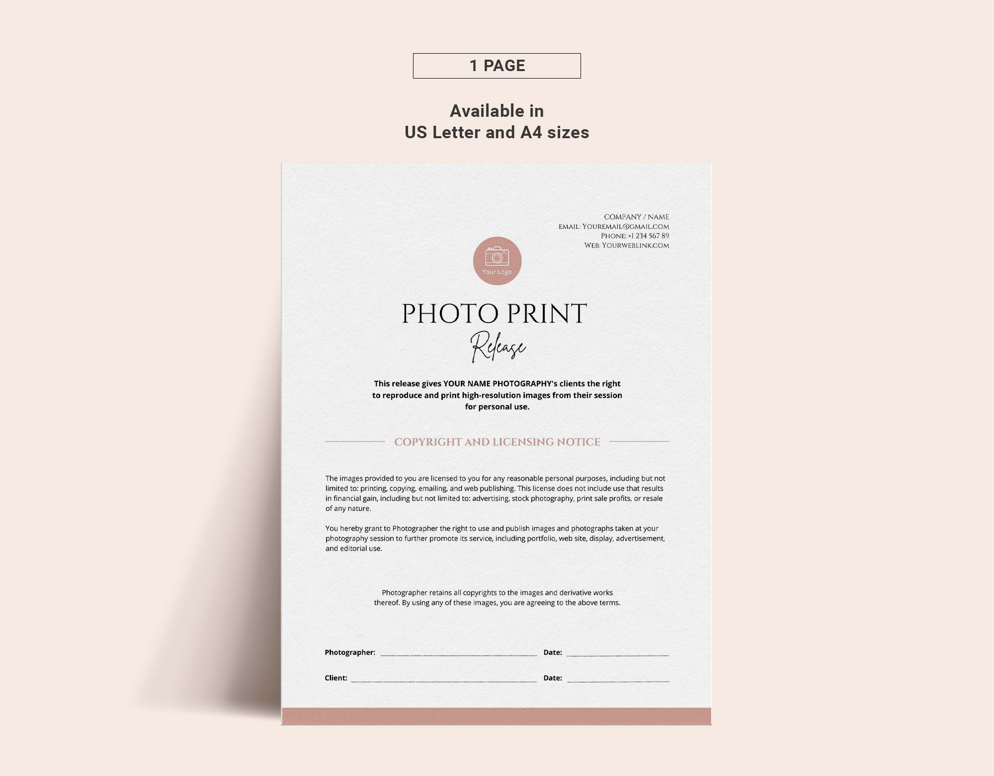 Editable Print Release Template, Photography Release Form, Canva ...