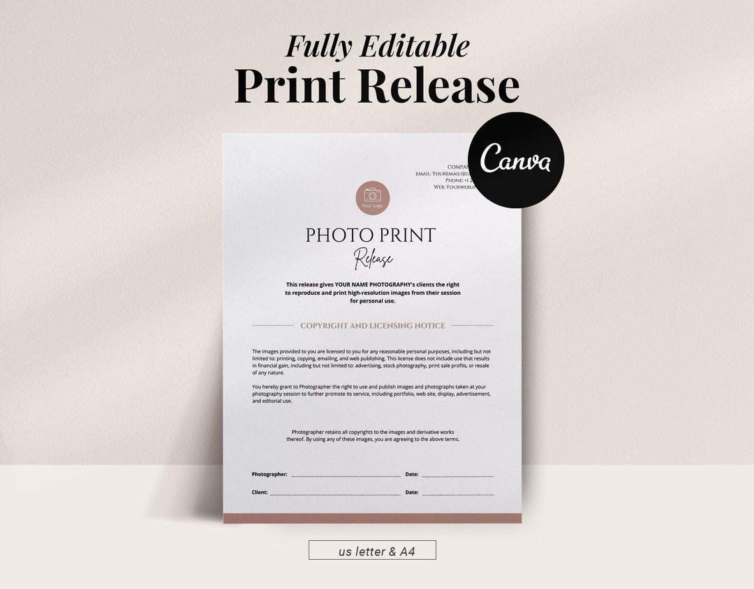 Print Release Template, Photography Release Form, Editable Canva ...