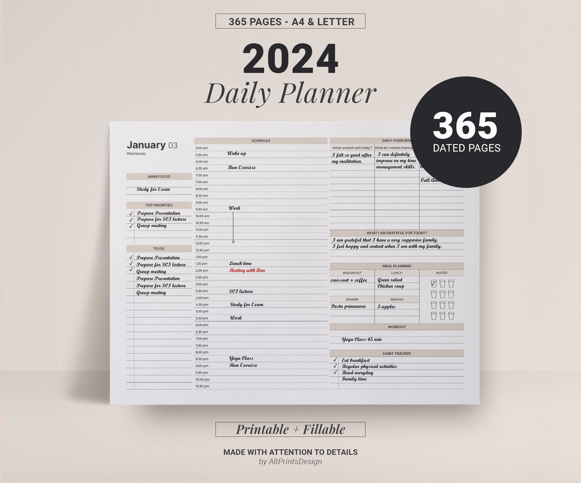 Minimalist 2024 Planner Pdf, Printable Dated Daily Schedule, Half Hour ...