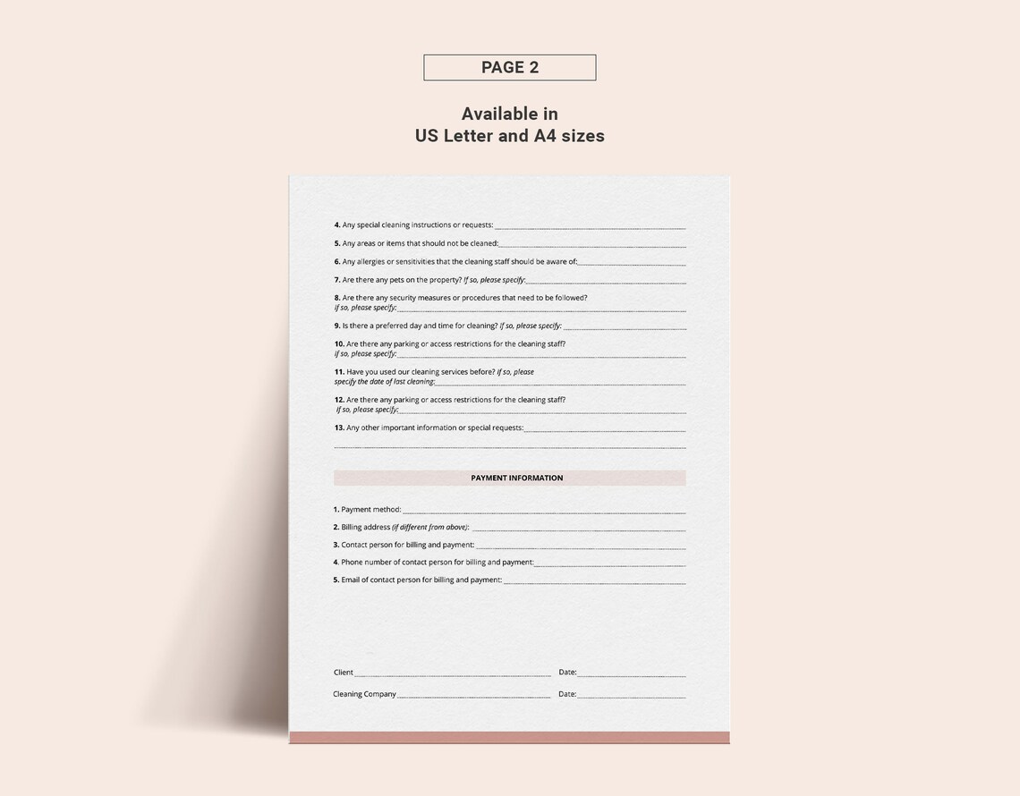 Editable Client Intake Form Template Cleaning Service - Etsy