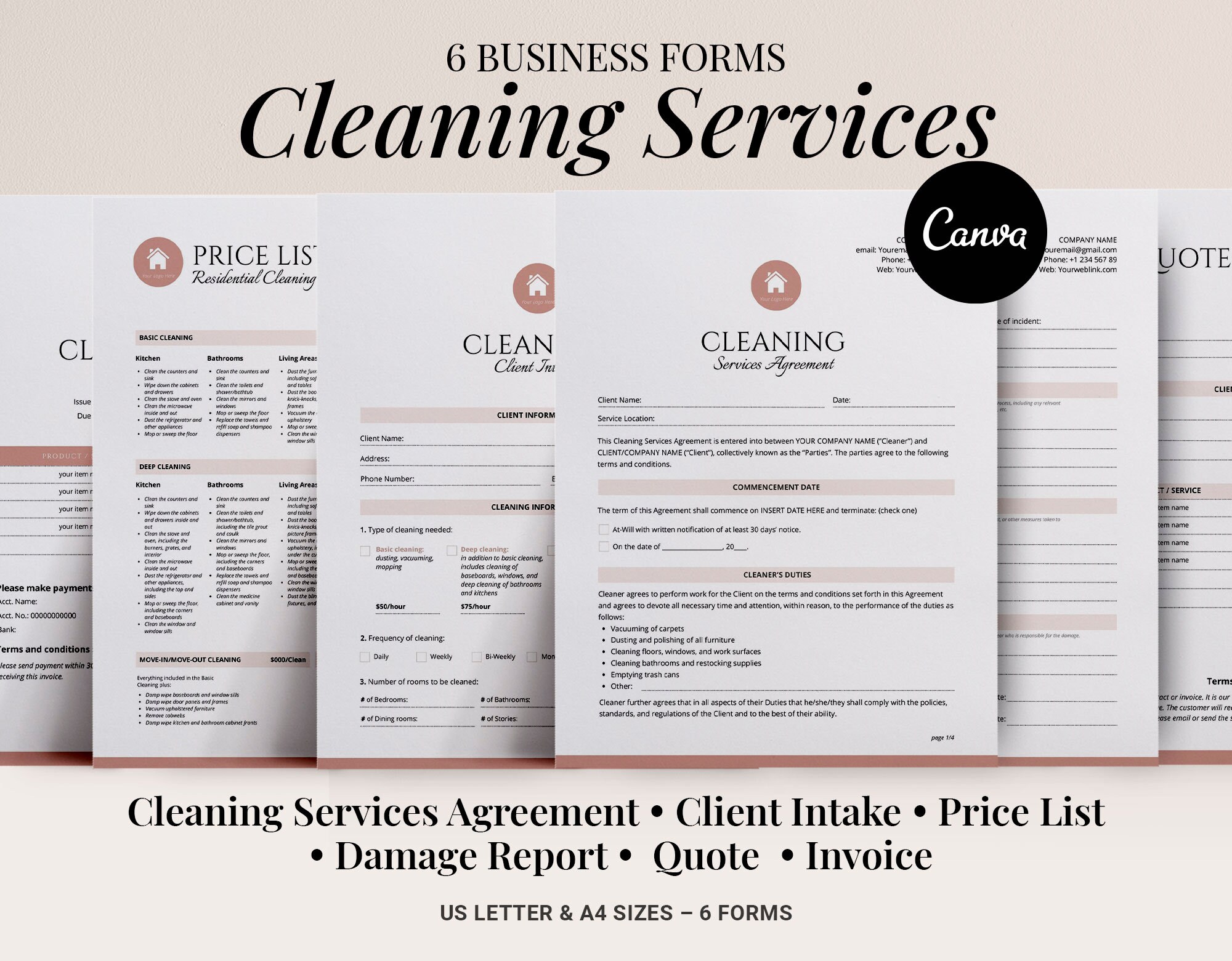 House Cleaning Services Forms Cleaning Services BUNDLE, 6 Editable
