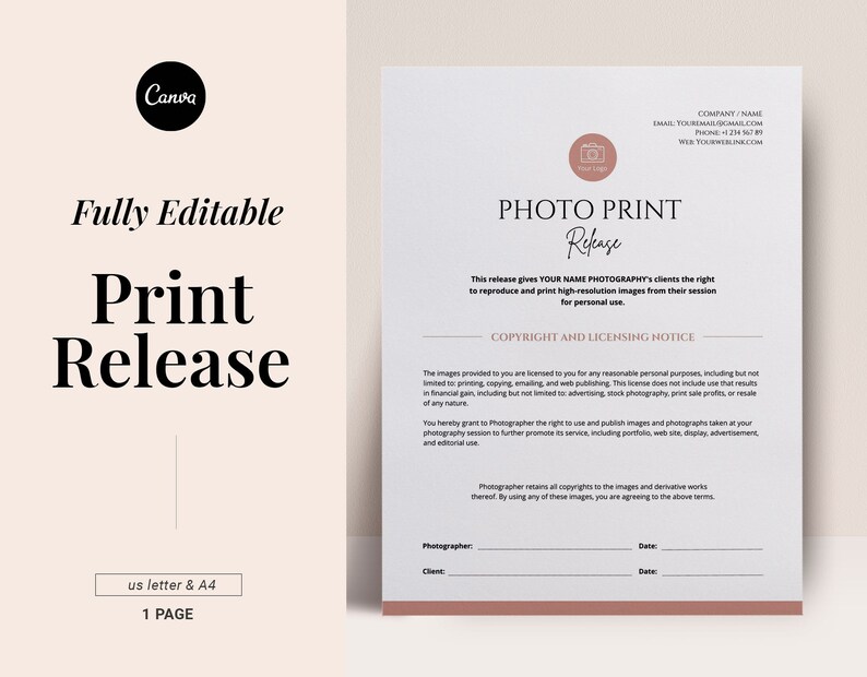 Print Release Template, Photography Release Form, Editable Photo Print ...