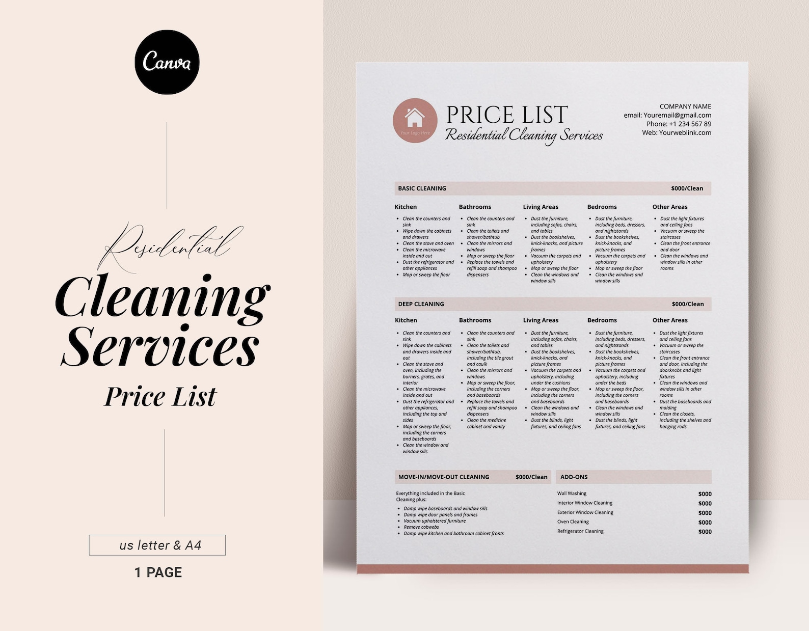 Cleaning Service Pricing List, Editable Clean Price List Template ...