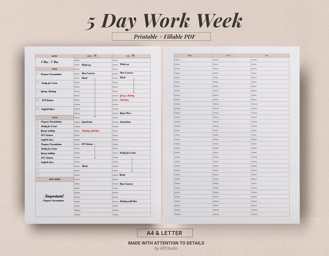 5 Day Hourly Planner, Printable Editable Planner, 2 Pages, Monday Start ...