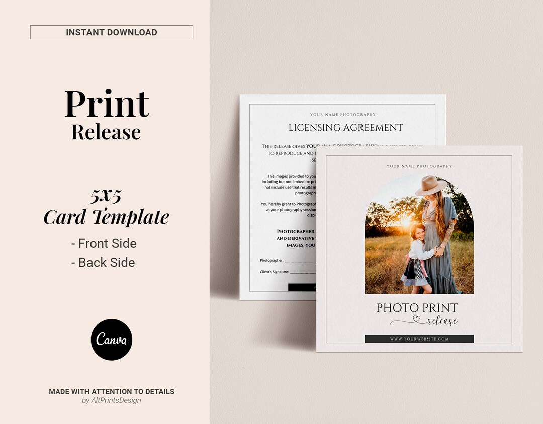 Print Release Template, 5x5 Card, Photography Release Form, Canva ...