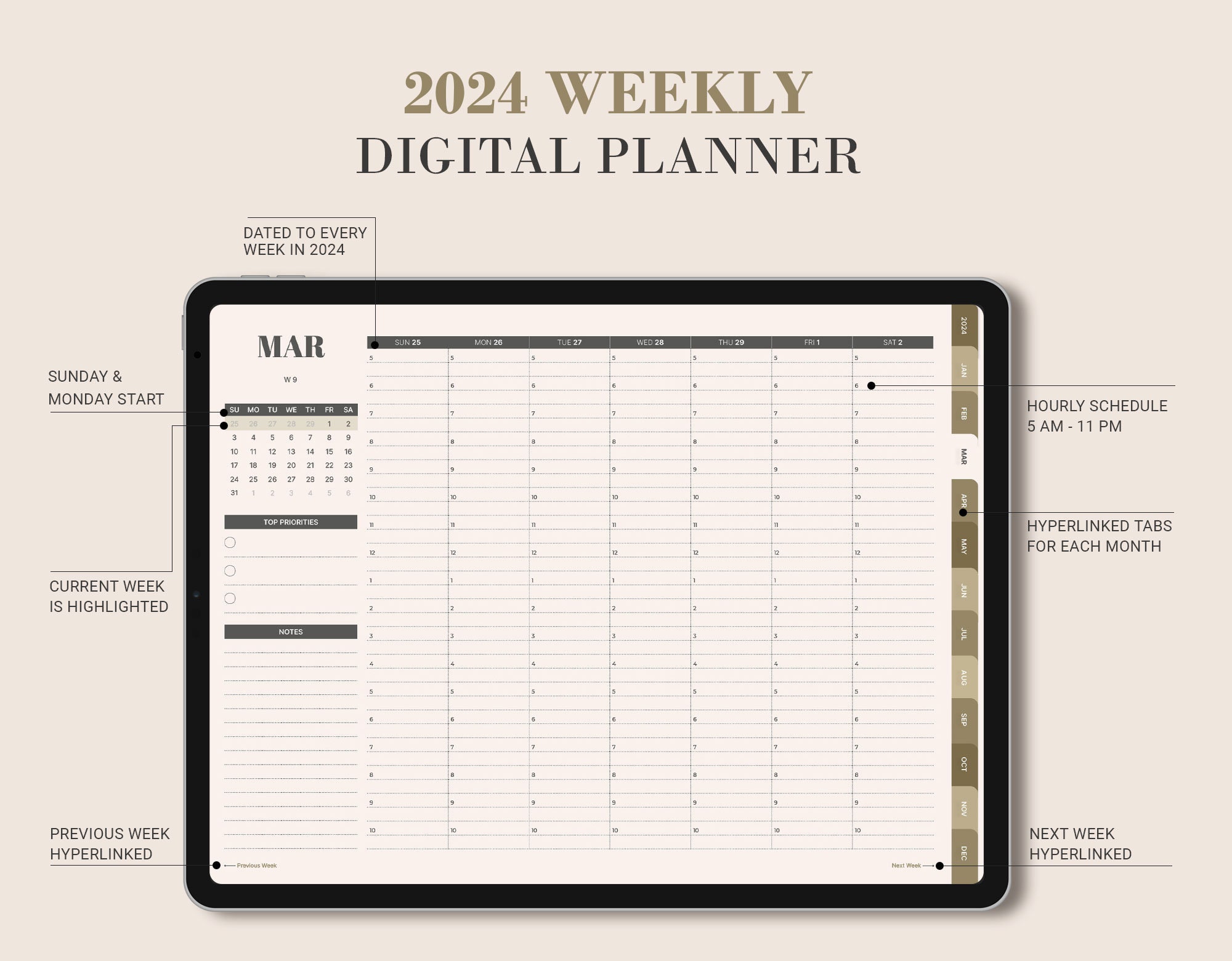 2024 Weekly Planner, DIGITAL Minimalist Dated, Weekly Agenda Schedule ...