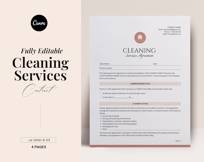 Cleaning Service Contract Template, Editable in Canva, Cleaning ...