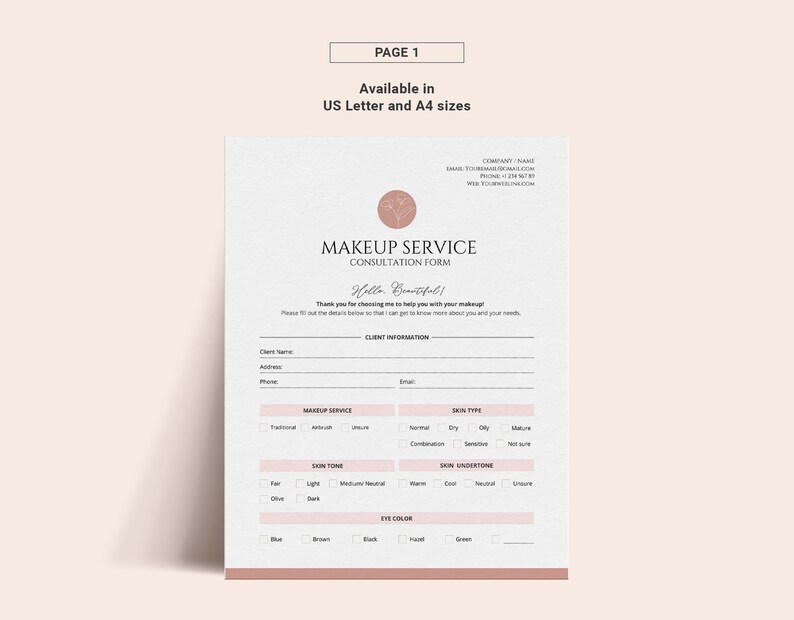Makeup Artist Client Consultation Form Template, Editable Makeup ...