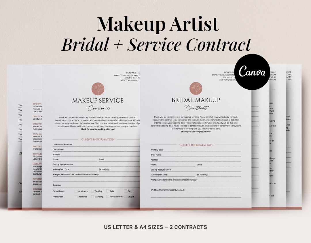 2 Makeup Artist Forms Set, Bridal + Service Makeup Contract Template ...