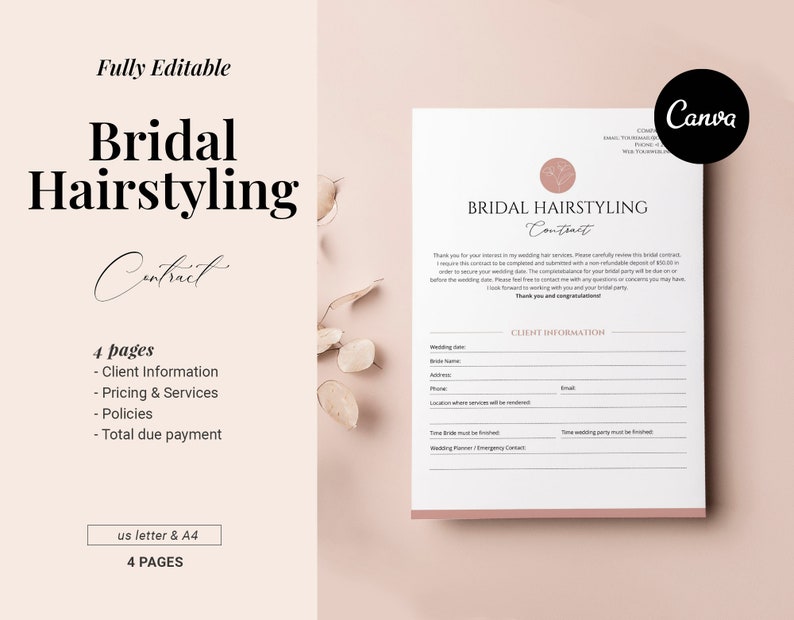Editable Bridal Hair Contract Template, Canva Template, Hairstyling ...