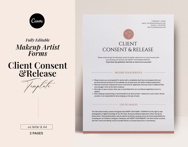 Makeup Artist Client Consent Forms, Photo Release Form, Liability Waiver, MUA Freelance Service ...