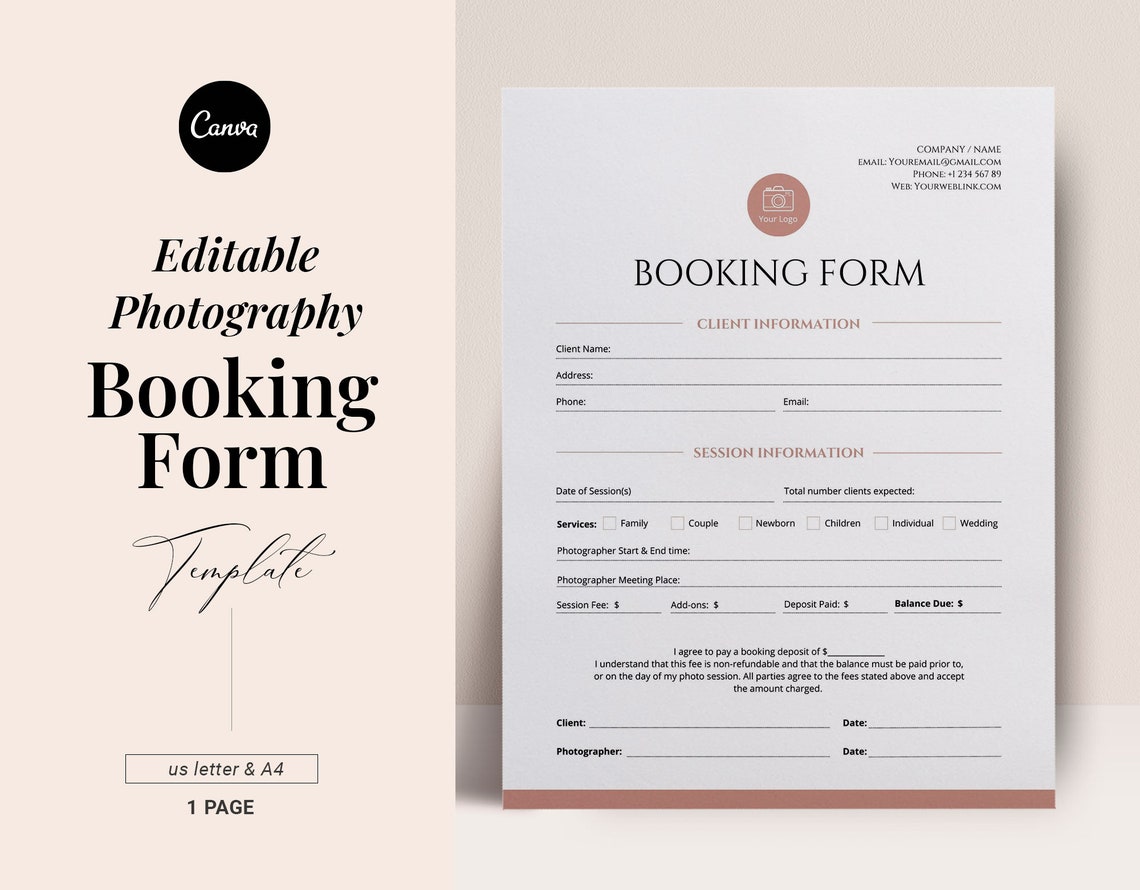 Photography Client Booking Form, Canva Template, Booking Form for ...