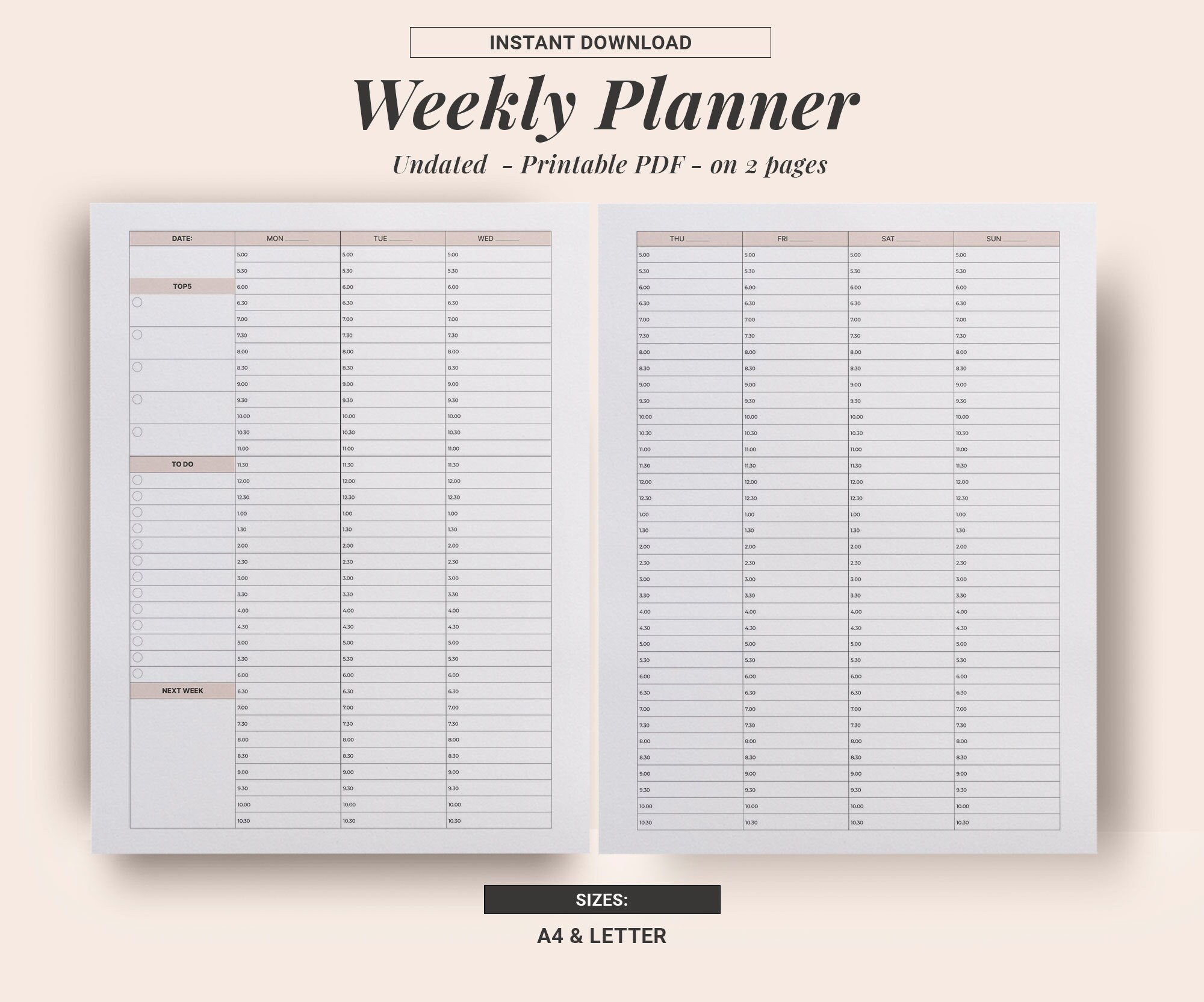 Undated Weekly Planner Half-hour Block Schedule 2 Pages - Etsy