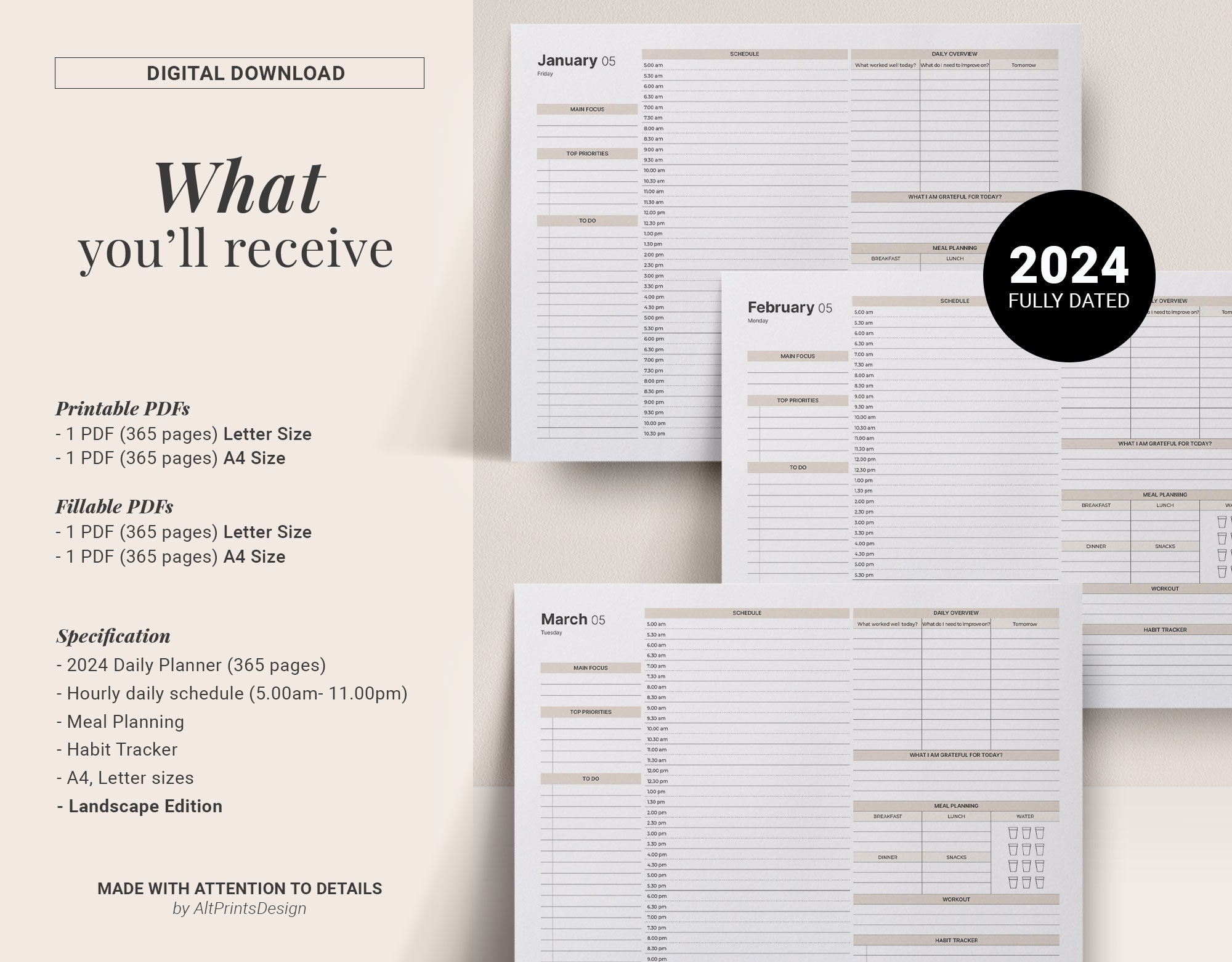 Minimalist 2024 Planner Pdf, Printable Dated Daily Schedule, Half Hour ...