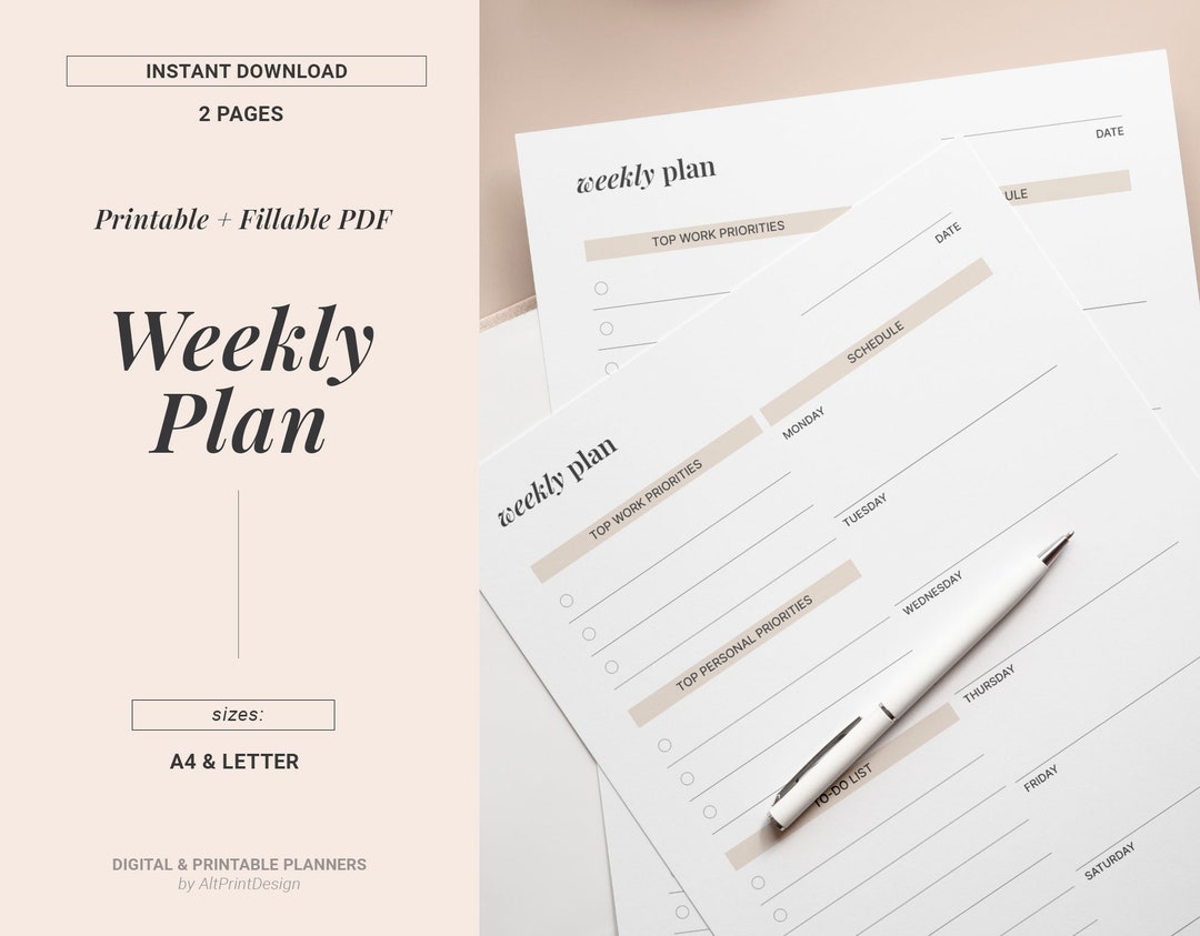 Weekly Planner, Printable Week Plan, To-do List Pdf, Simple Weekly ...