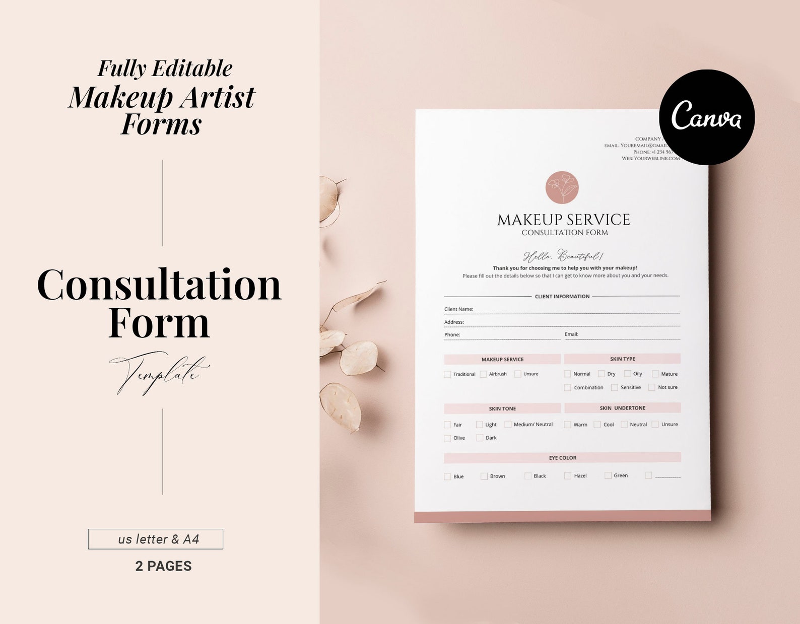 Makeup Artist Client Intake Form, Editable Makeup Service Consultation ...