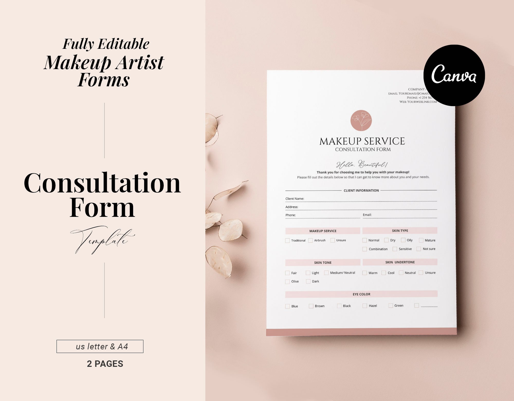 Makeup Artist Client Intake Form, Editable Makeup Service Consultation ...