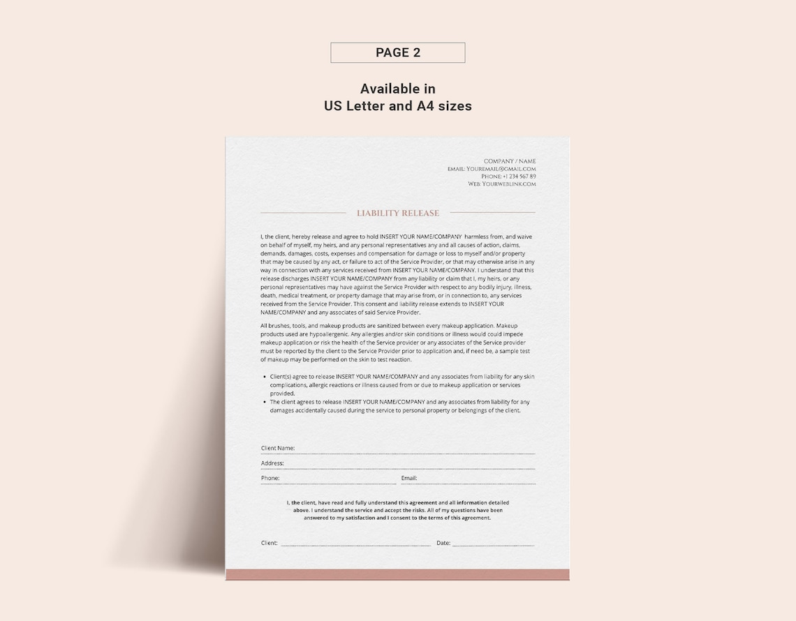 Editable Makeup Artist Client Consent Forms, Photo Release, Liability ...