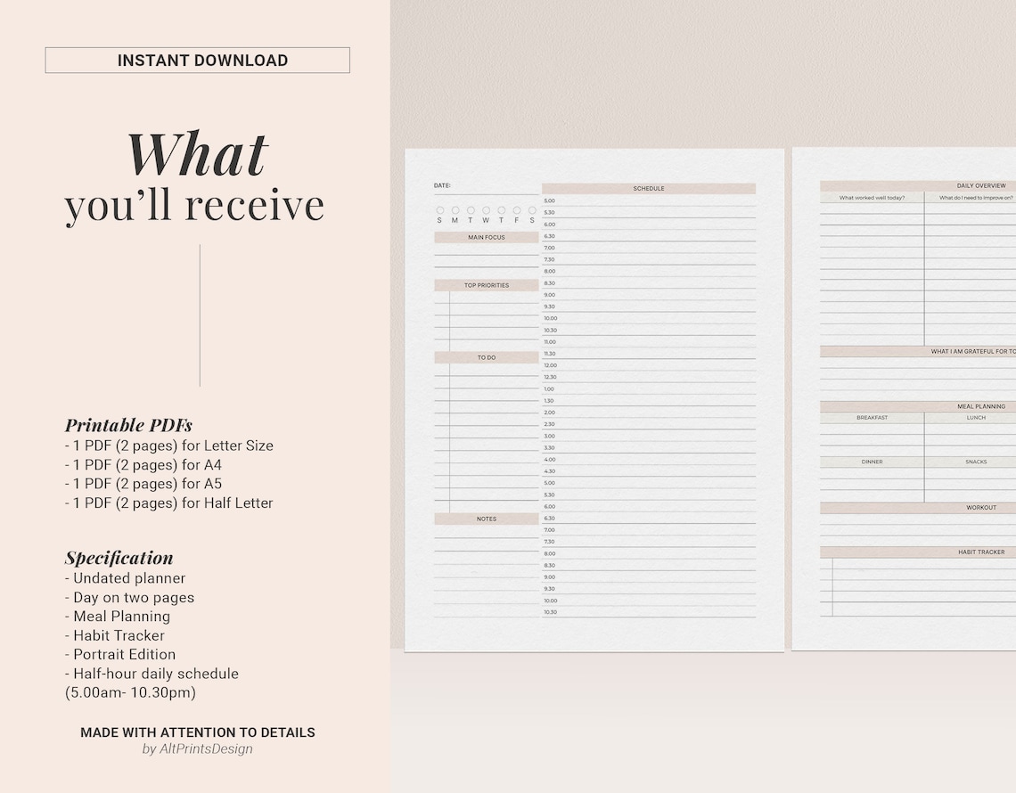 Undated Daily Printable Planner 2 Pages Half Hour Work - Etsy