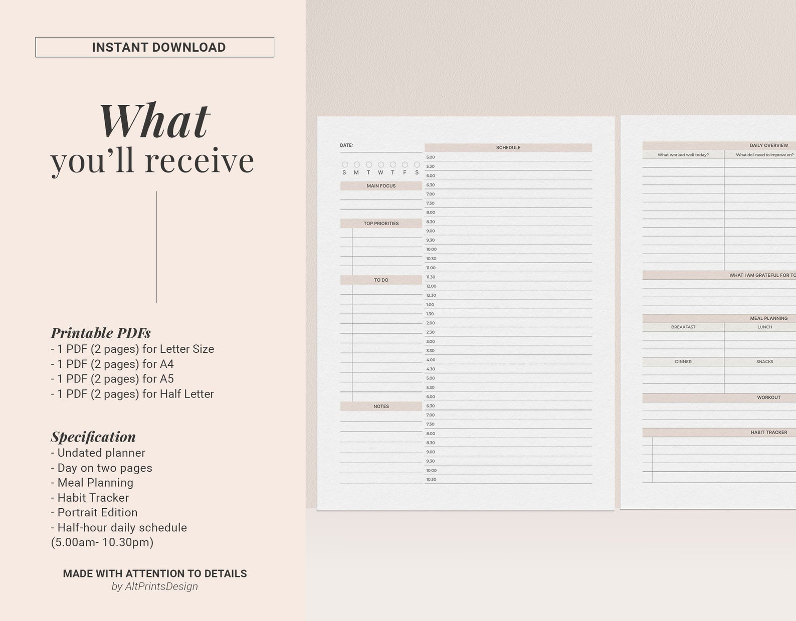 Undated Daily Printable Planner, 2 Pages, Half Hour, Work Journal ...