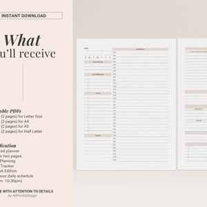 Undated Daily Printable Planner, 2 Pages, Half Hour, Work Journal ...