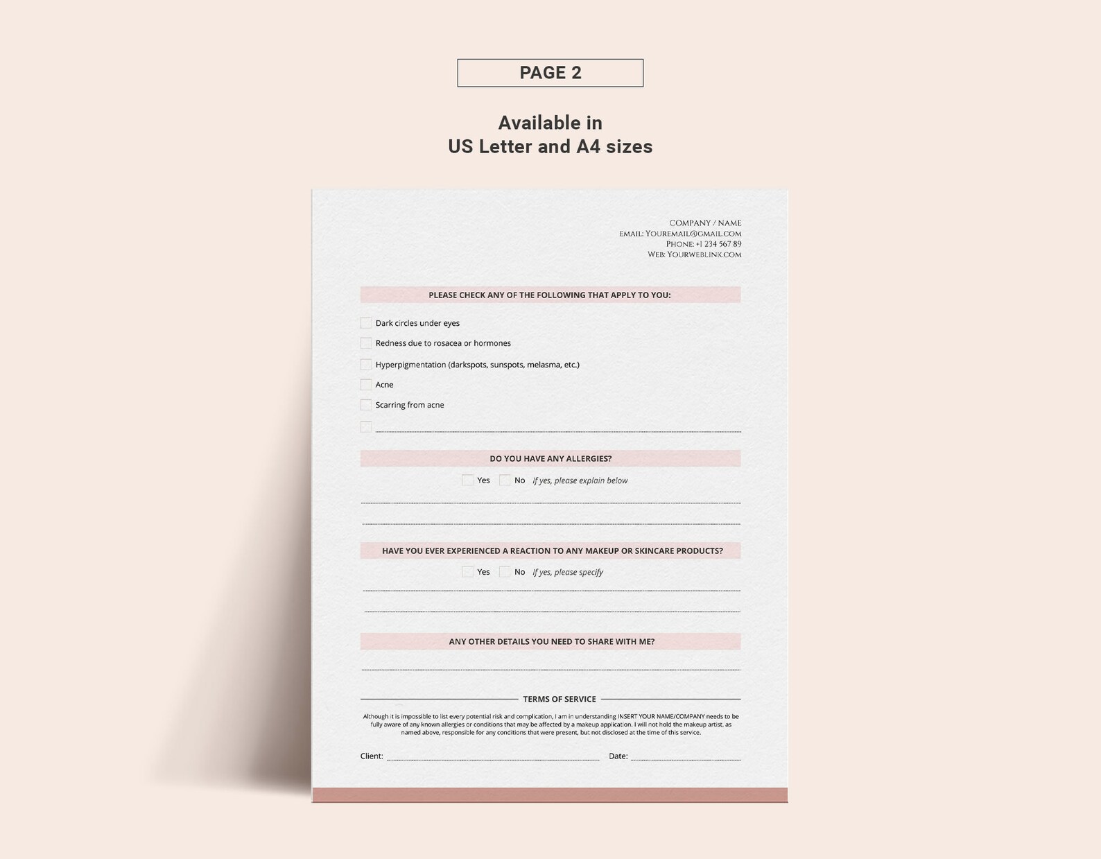 Makeup Artist Client Intake Form, Editable Makeup Service Consultation ...