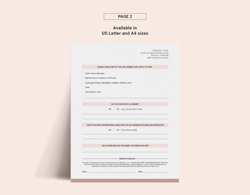 Makeup Artist Client Intake Form, Editable Makeup Service Consultation ...