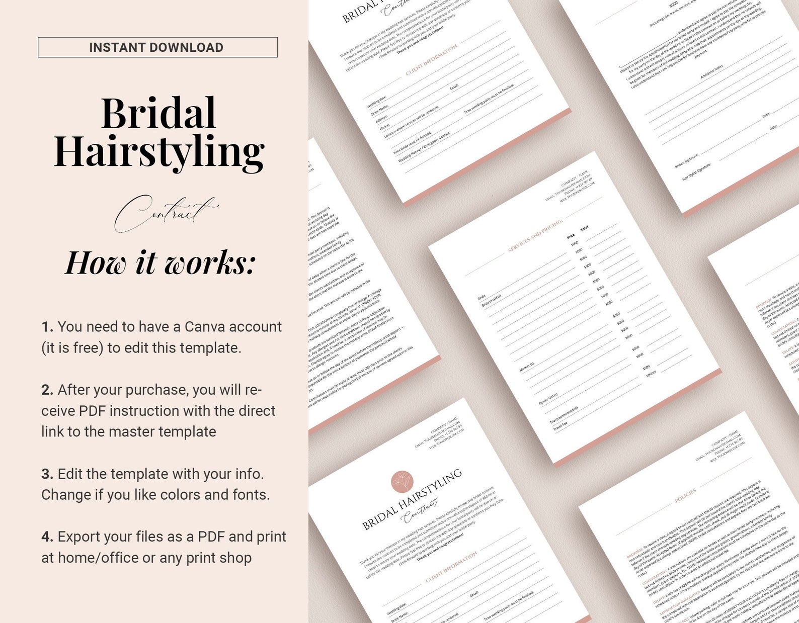 Editable Bridal Hair Contract Template, Canva Template, Hairstyling ...