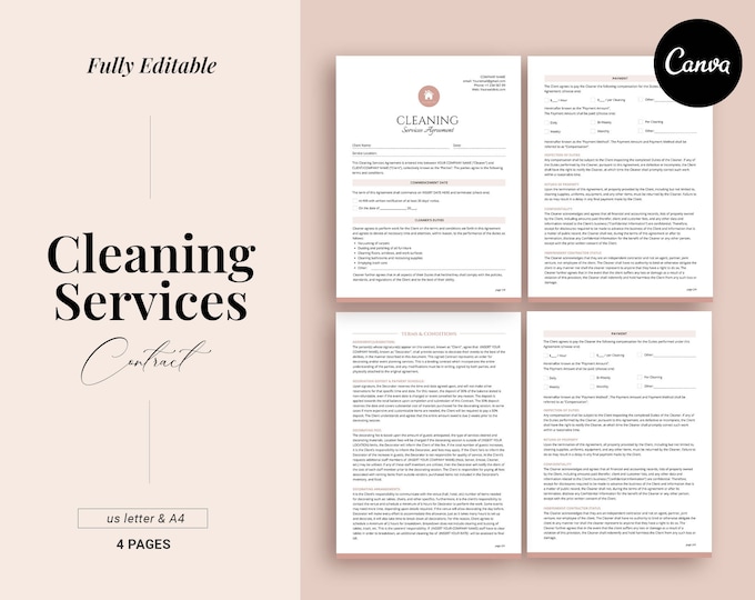 Cleaning Service Contract Template, Editable in Canva, Cleaning Agreement, Residential and ...