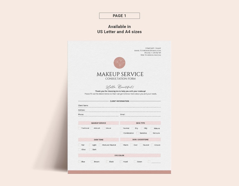 Makeup Artist Client Intake Form, Editable Makeup Service Consultation ...