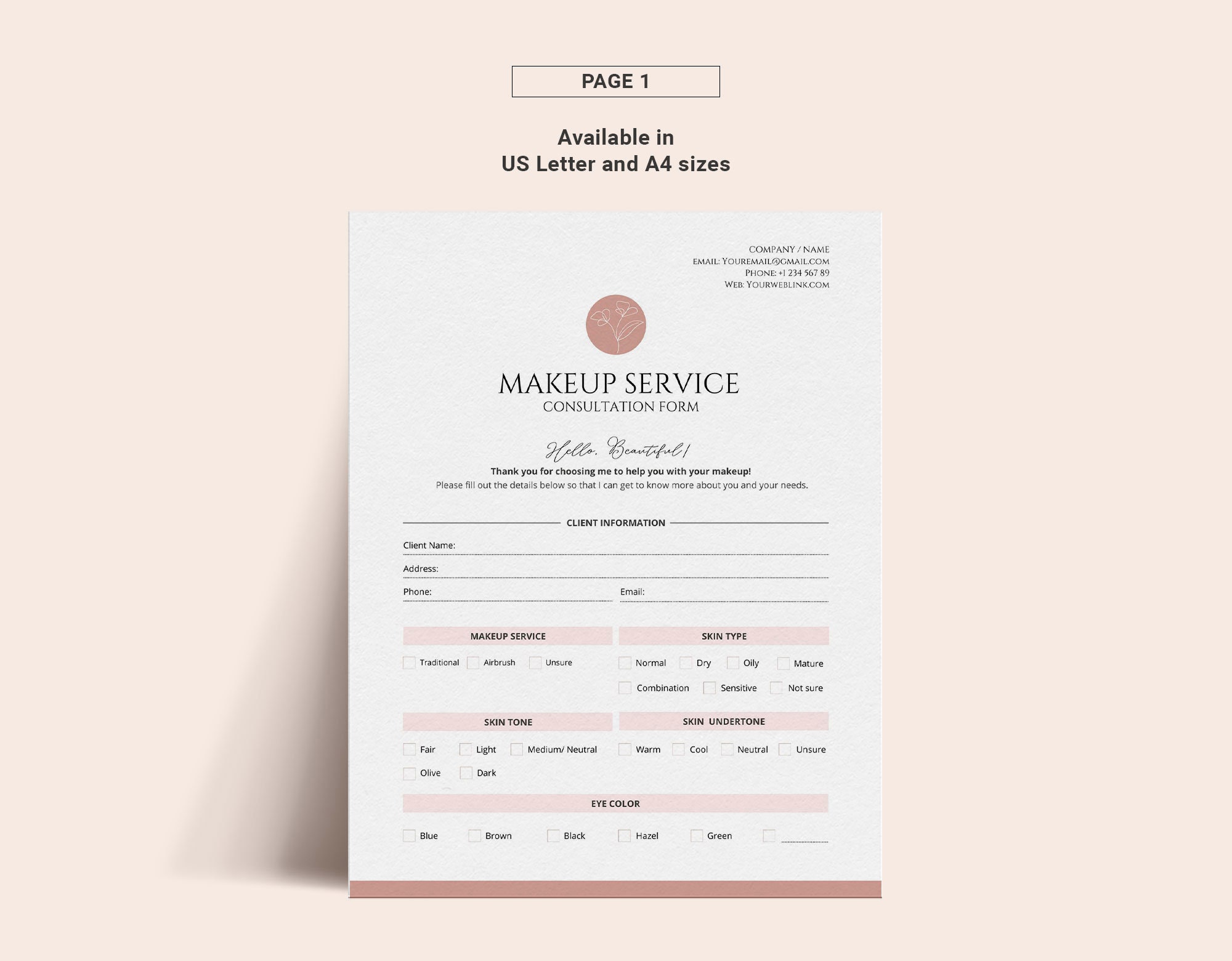 Makeup Artist Client Intake Form, Editable Makeup Service Consultation ...