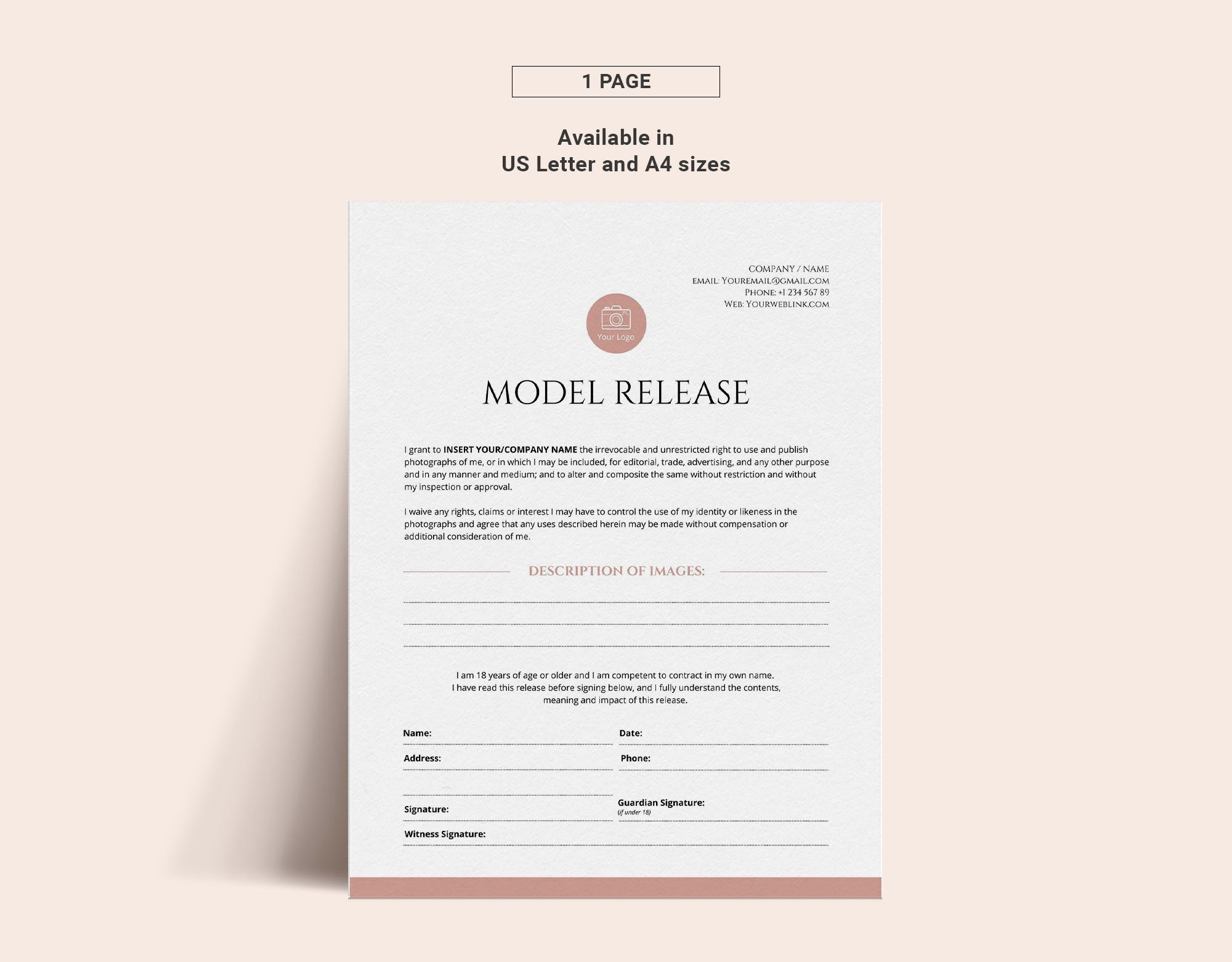 Editable Model Release Template for Photographers, Photography Business ...