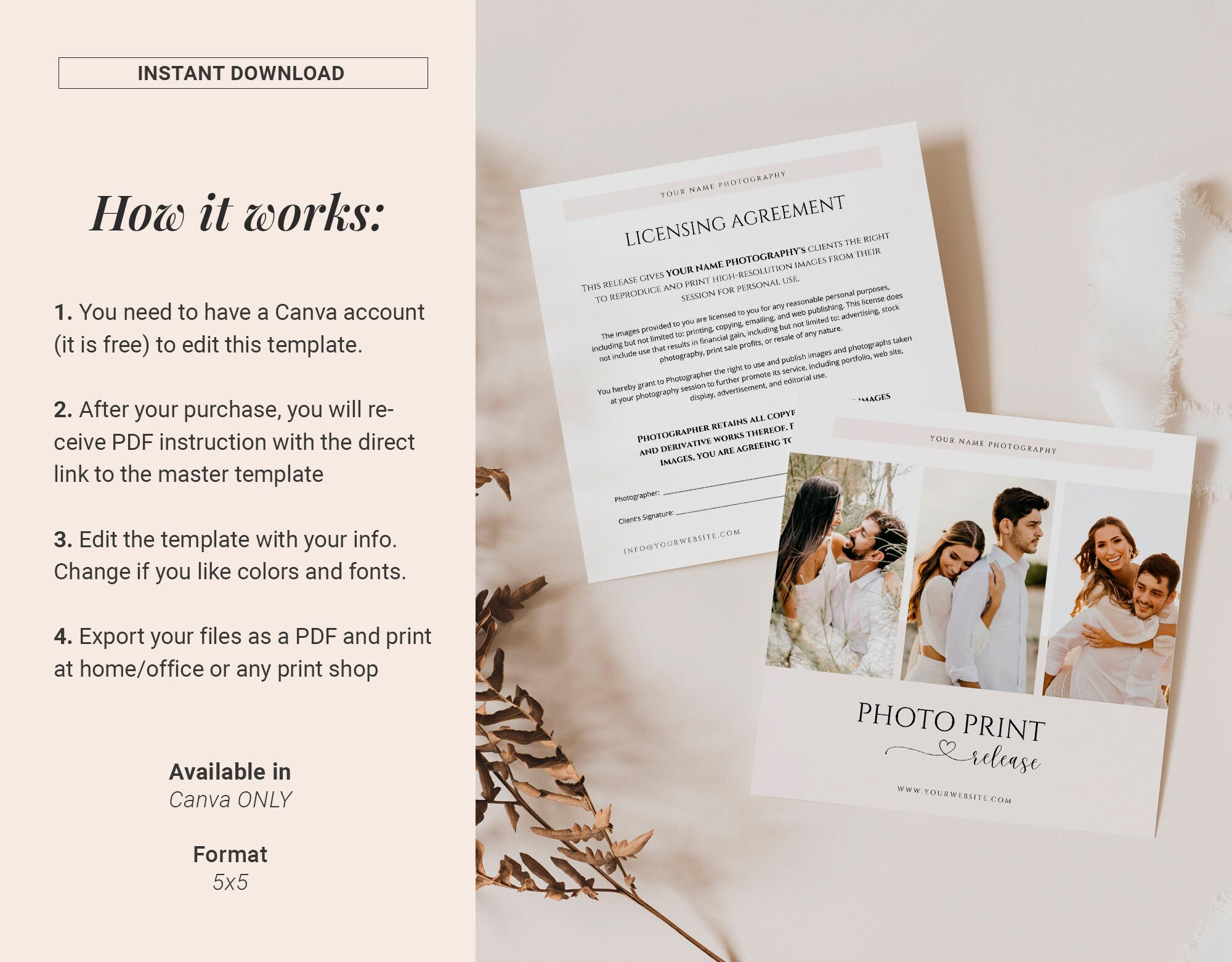 Editable Print Release Template, 5x5 Card, Photography Release Form ...