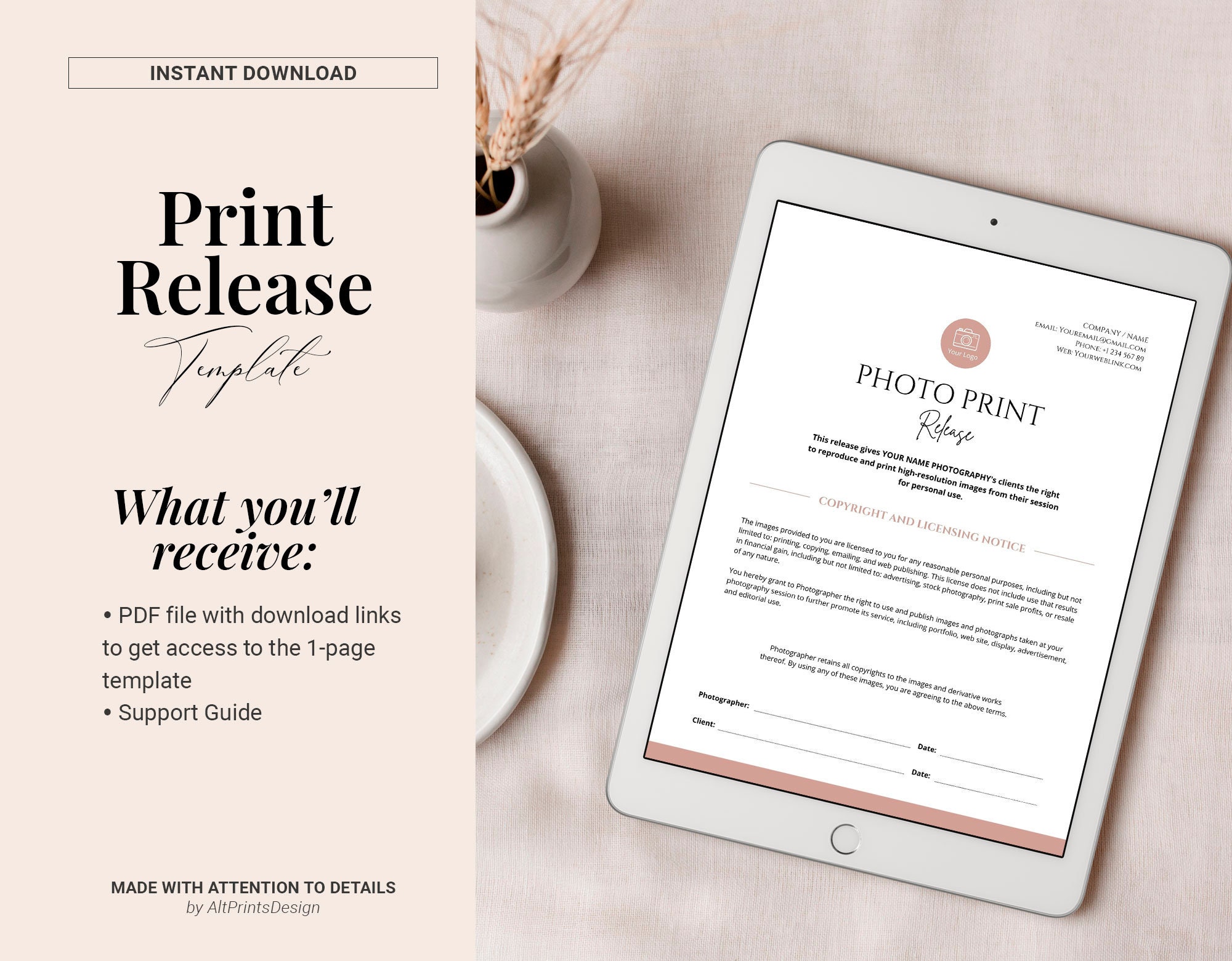Print Release Template, Photography Release Form, Editable Photo Print ...