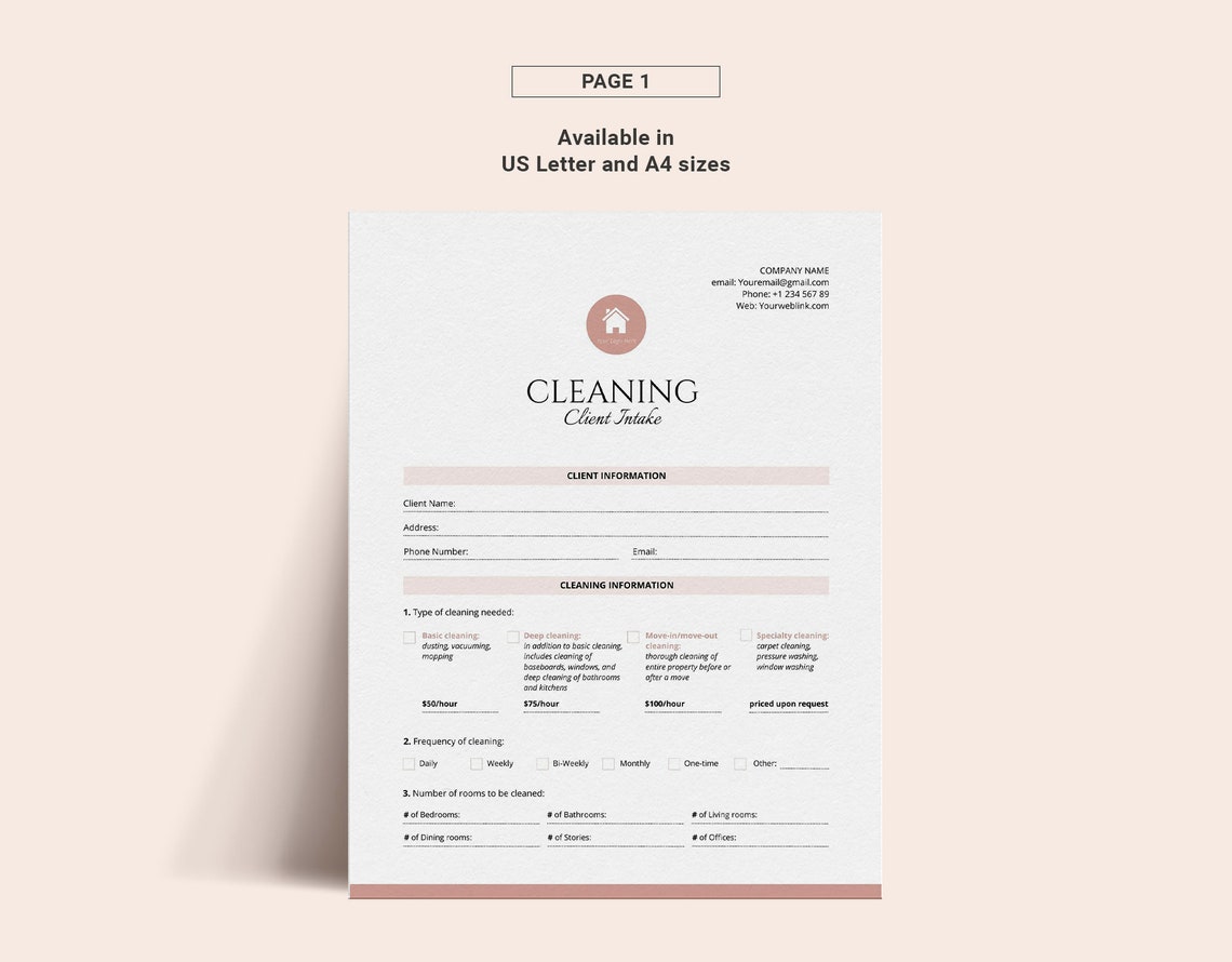 Editable Cleaning Service Business Form Client (Download Now) - Etsy