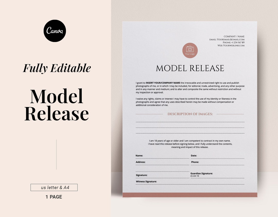 Model Release Template for Photographers, Editable Photography Form, Minor Release, Business ...
