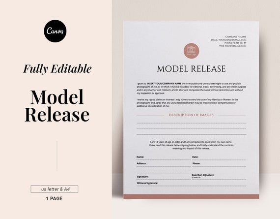 Model Release Template for Photographers Editable Photography - Etsy