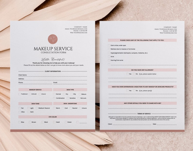 Makeup Artist Client Intake Form, Editable Makeup Service Consultation ...