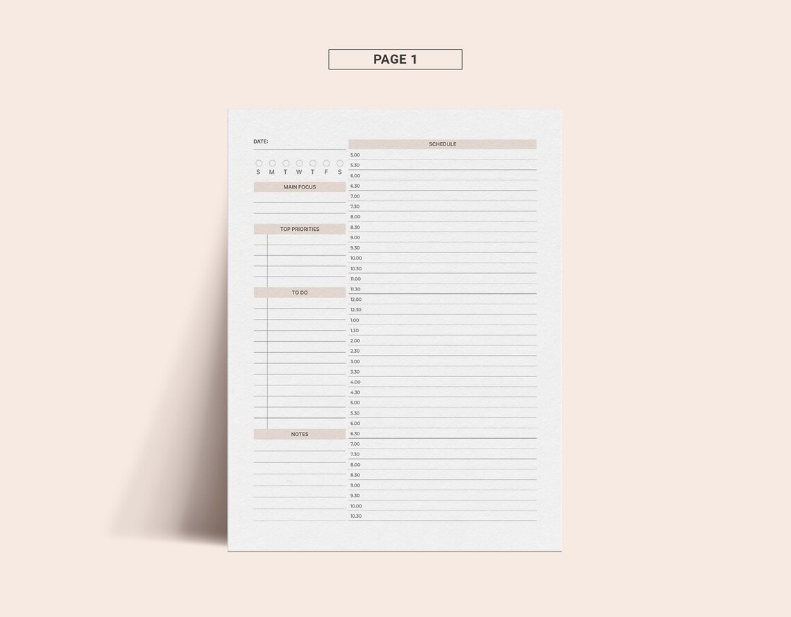 Undated Daily Printable Planner, 2 Pages, Half Hour, Work Journal ...