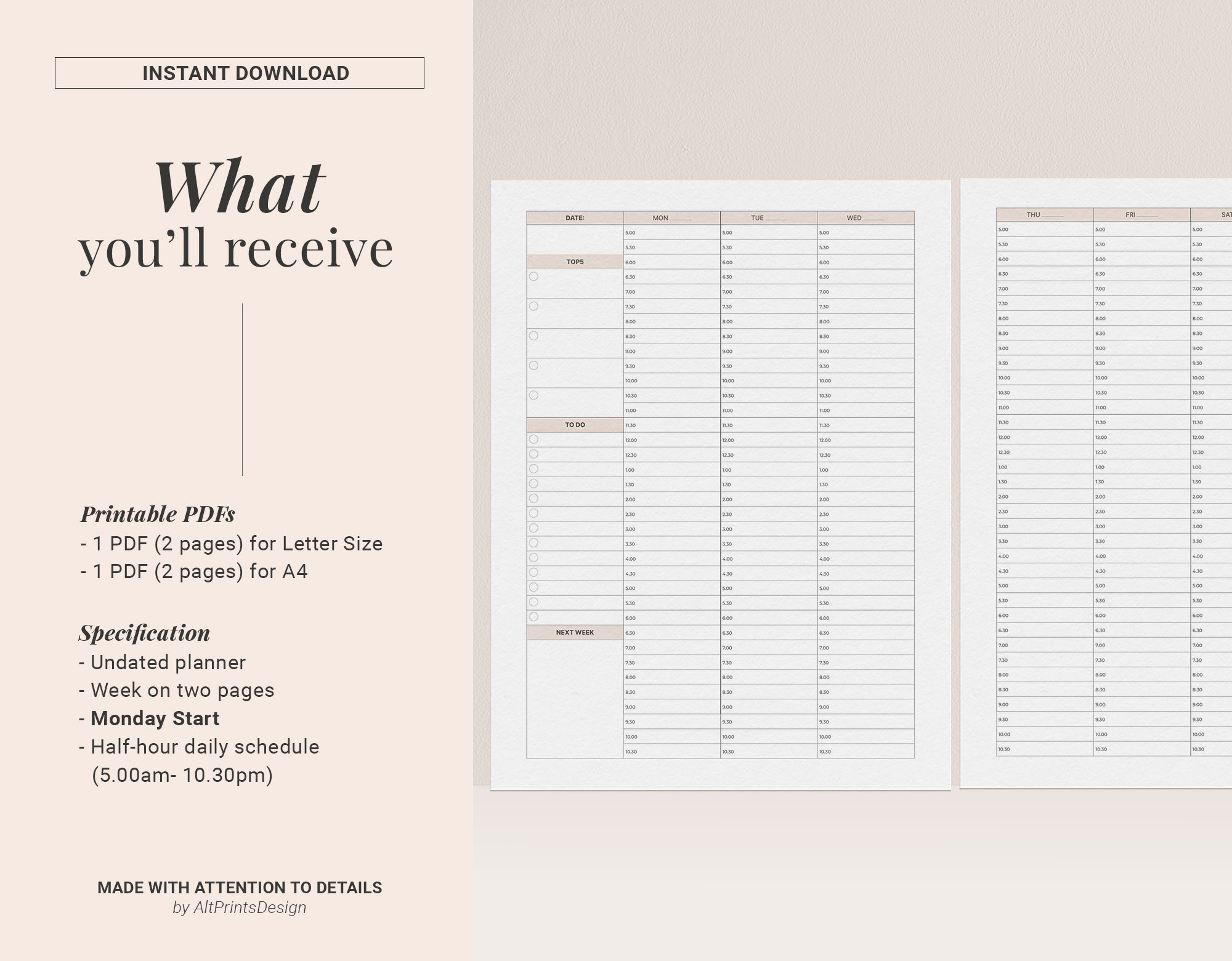 Undated Weekly Planner Half-hour Block Schedule 2 Pages - Etsy