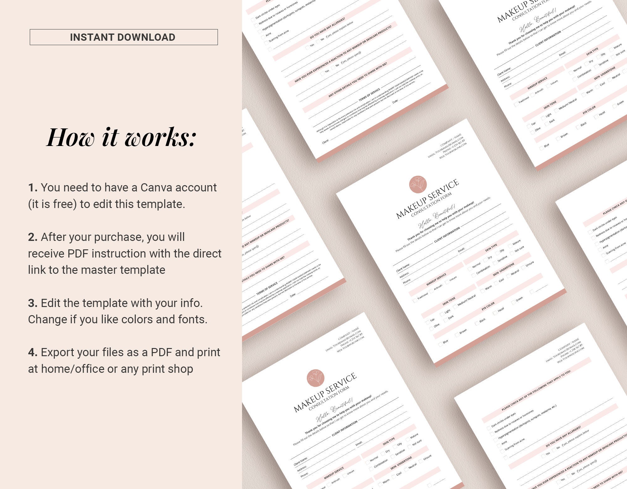 Makeup Artist Client Intake Form, Editable Makeup Service Consultation ...