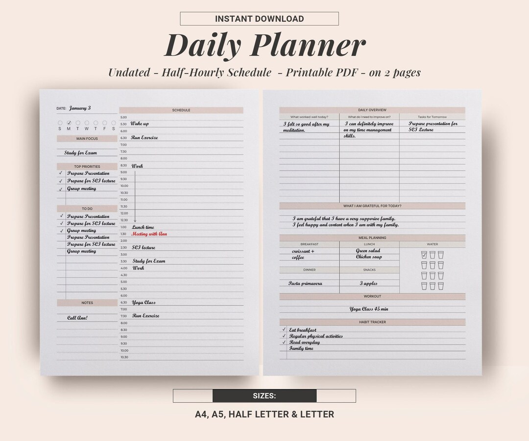 Undated Daily Printable Planner, 2 Pages, Half Hour, Work Journal ...