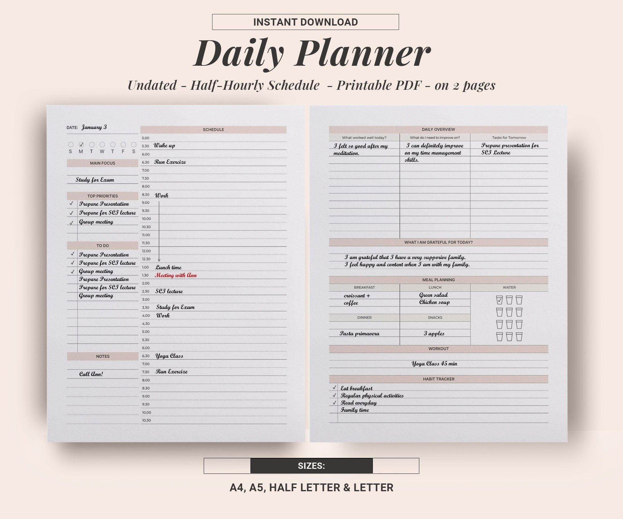 Undated Daily Printable Planner, 2 Pages, Half Hour, Work Journal ...