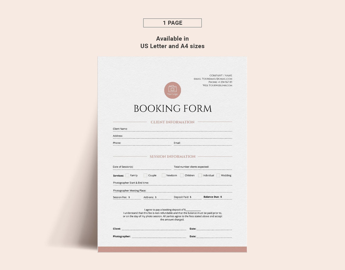 Photography Client Booking Form, Canva Template, Booking Form for ...